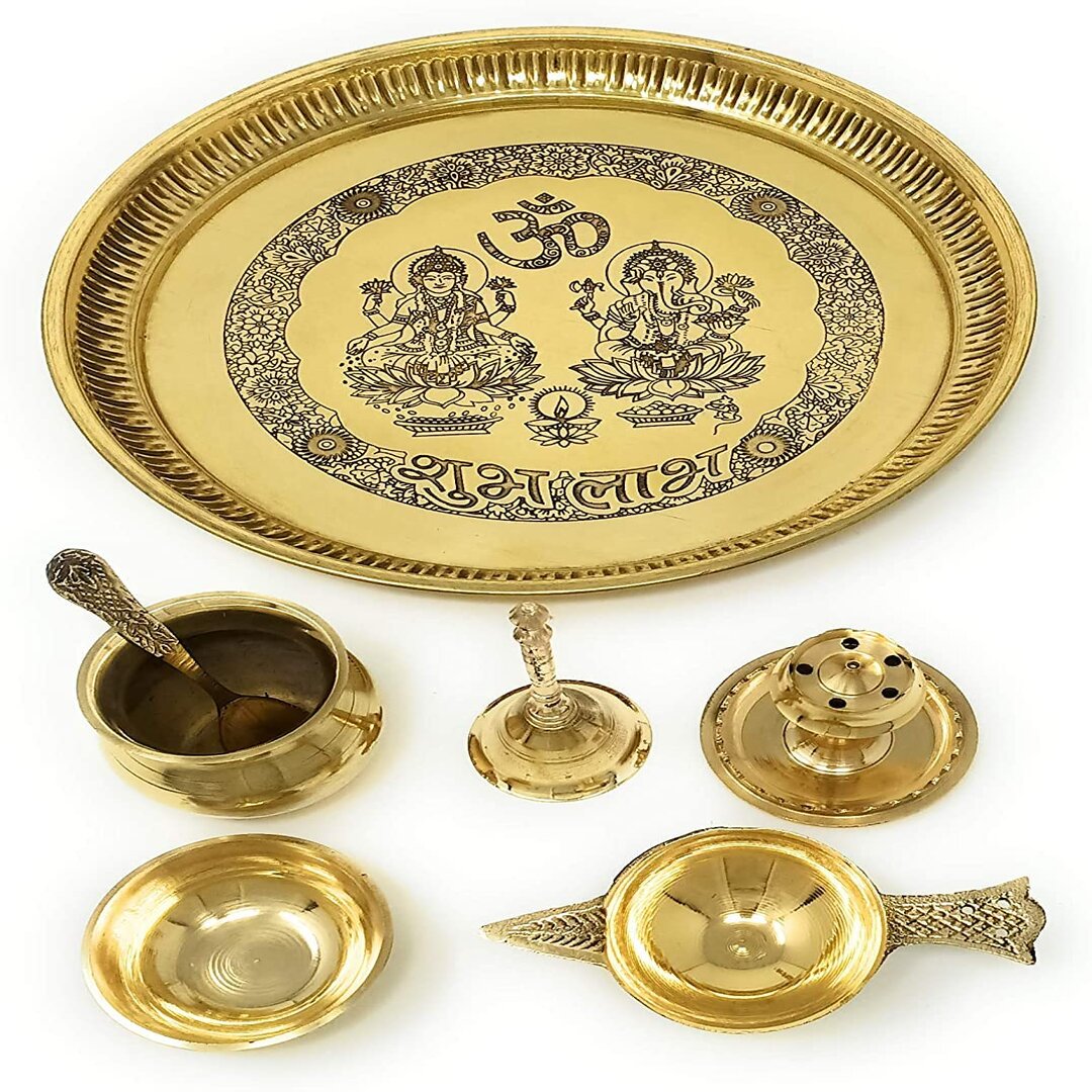 DesiKorner. Brass Pooja thali Set 8 Inch,Brass Pooja thali Set 8 Inch